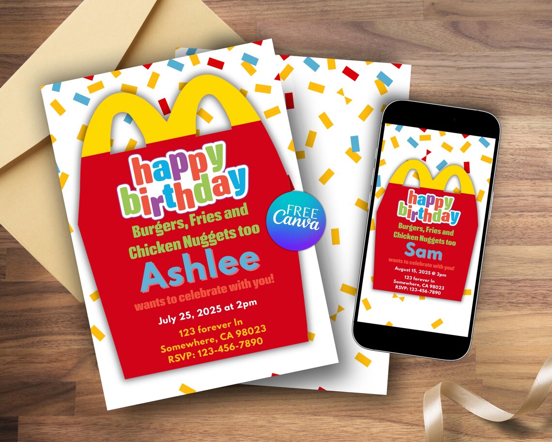 Happy Meal Fast Food Party 5x7 and Mobile Invitation: Editable Canva ...