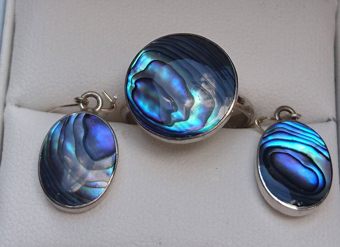 Sterling Silver Shell Inset Ring and Earrings Set - Etsy