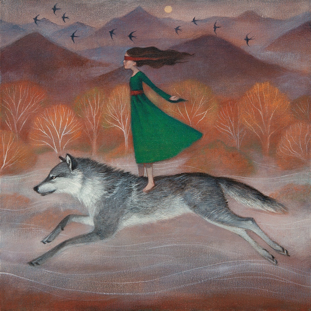 Lucy Campbell Greeting Card the Calling Home Girl in Green Dress Riding ...