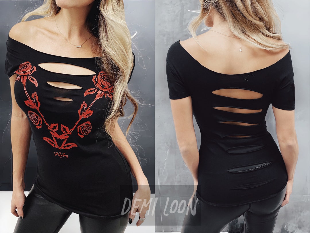 NR69 Boatneck Gothic Rose Sexy Cut Out Biker SS Tee Black - Etsy