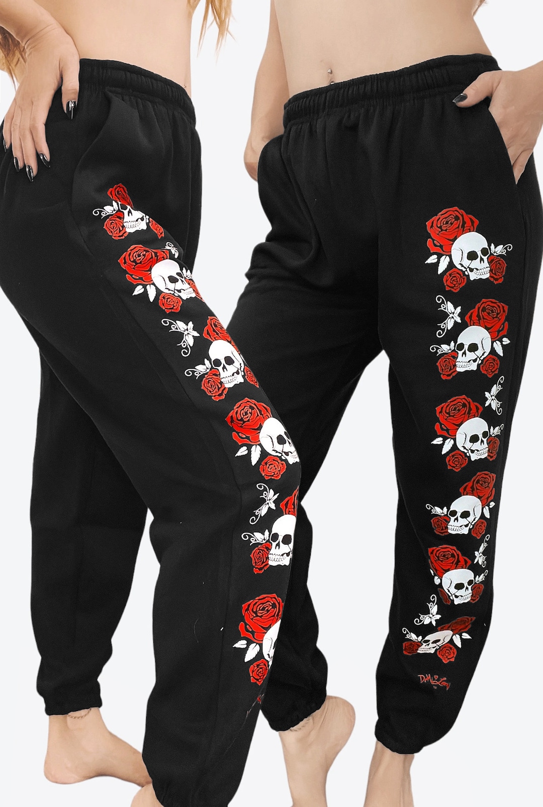 Cute Goth Skulls Roses Graphic Drawstring Sweats "boyfriend Fit ...