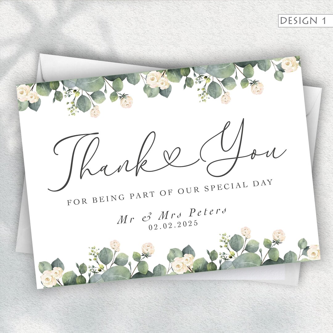 Greenery Thank You Note Cards, Simple Wedding Thank You Card With ...