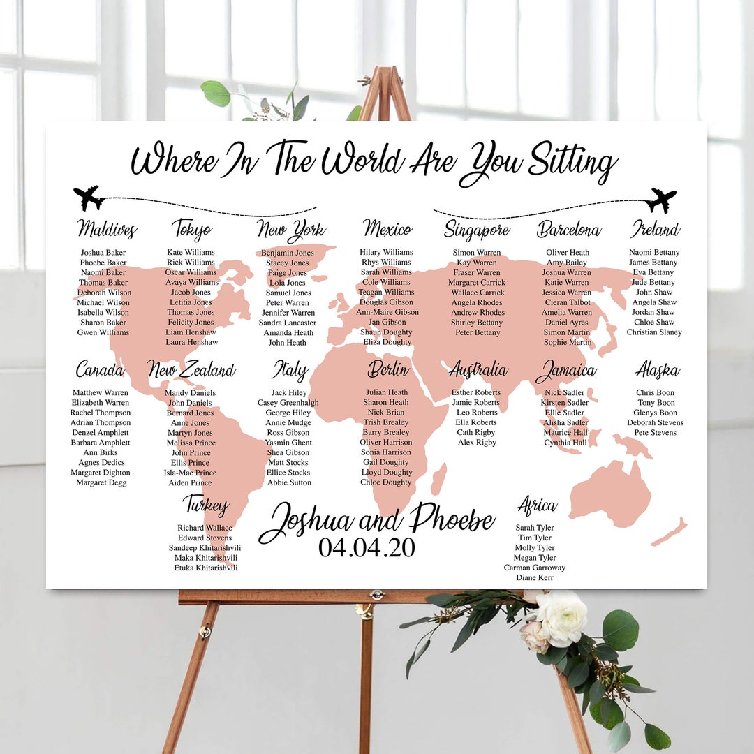 Printed World Map Any Colour Personalised Wedding Table Seating Plan ...