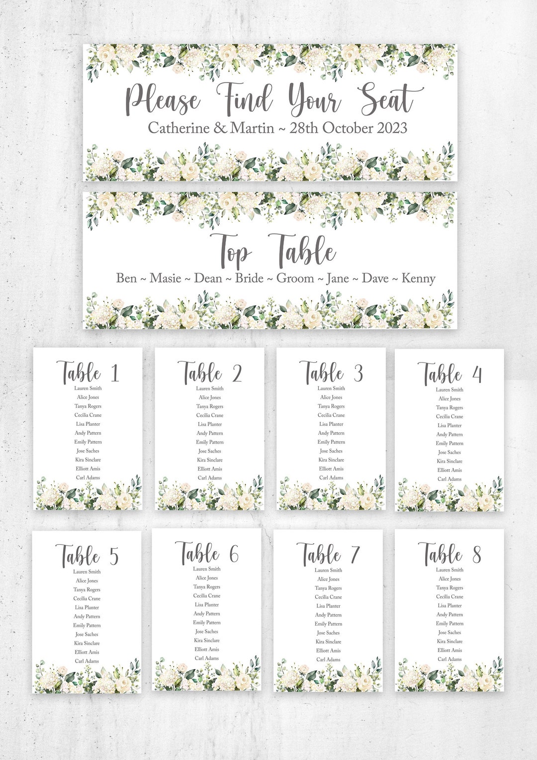 White Rose Foliage Wedding Breakfast Seating Plan Cards, Individual ...