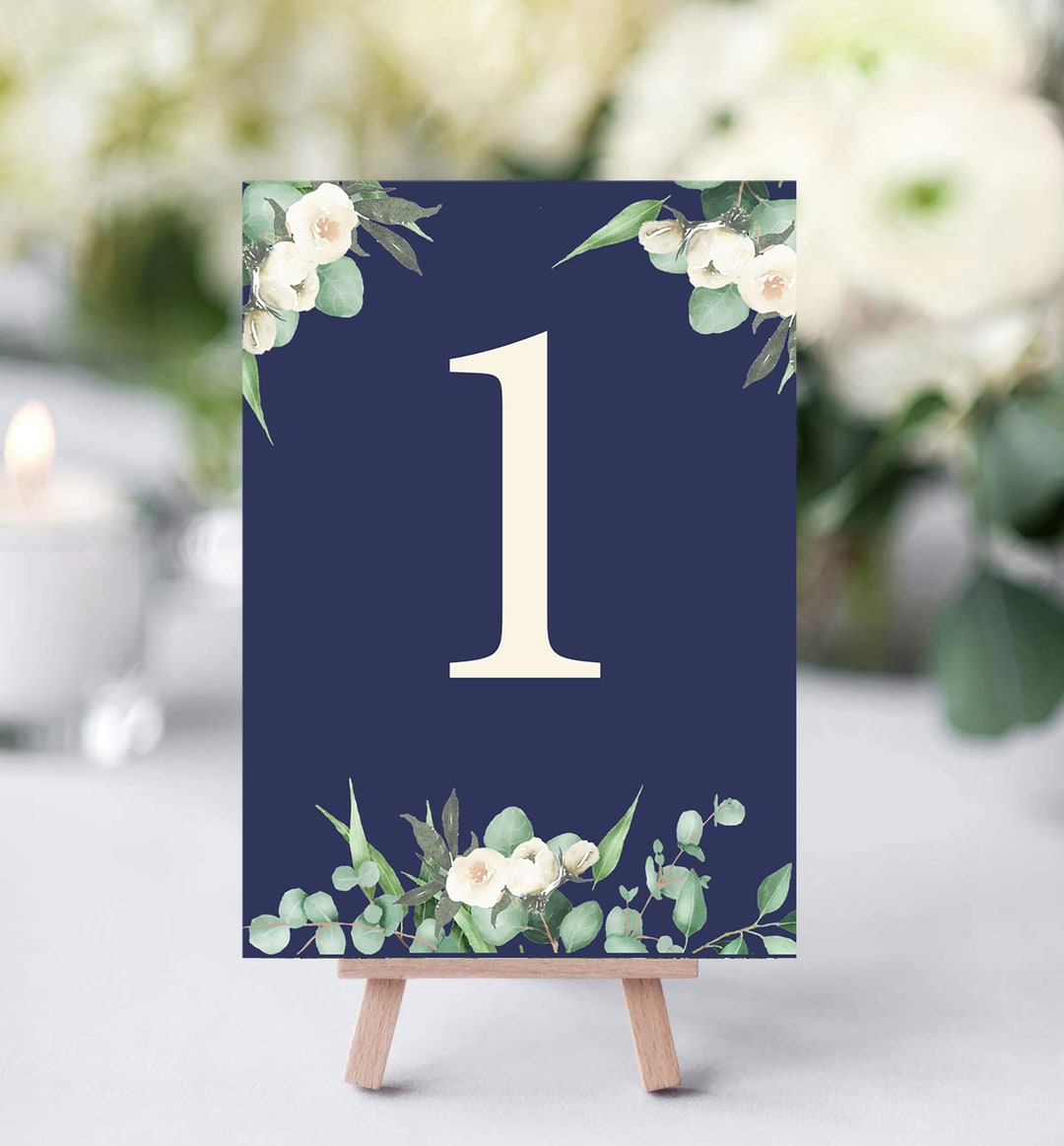 Navy Eucalyptus Foliage Wedding Table Number Cards, Table Name, Wedding ...