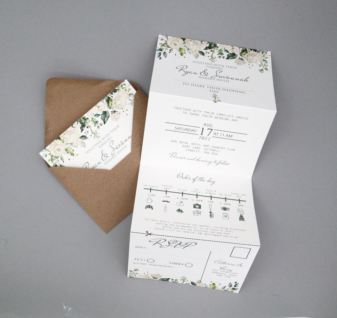 Wedding Invitation Concertina White Rose and Greenery - Etsy
