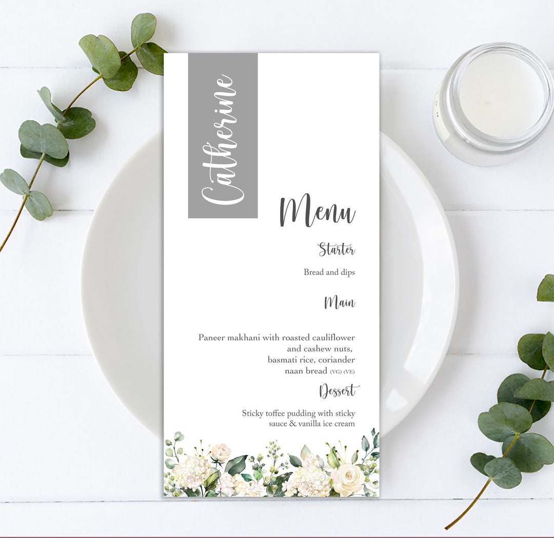 Printed White Rose Foliage Wedding Menu Cards Dinner Menus Wedding ...
