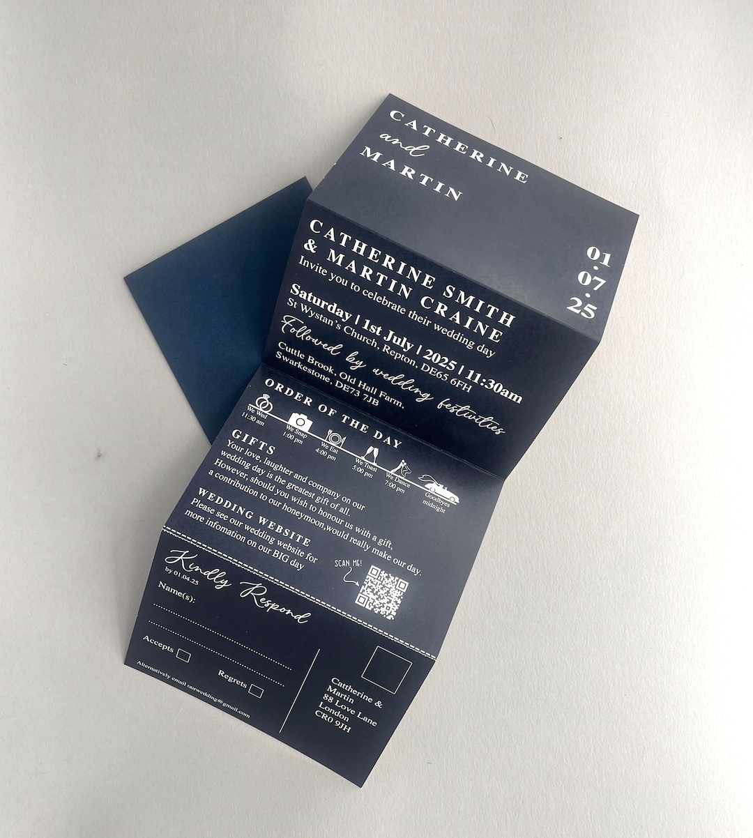 Simple Navy Blue Concertina Wedding Invitation Invites Personalised ...