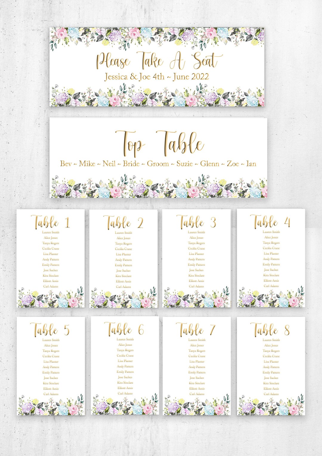 Floral Pastel Foliage Wedding Table Plan Cards, Individual Banquet ...