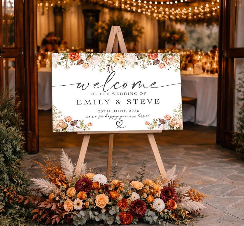 Wedding Welcome Sign, Autumn Floral Wedding Sign, Personalised ...