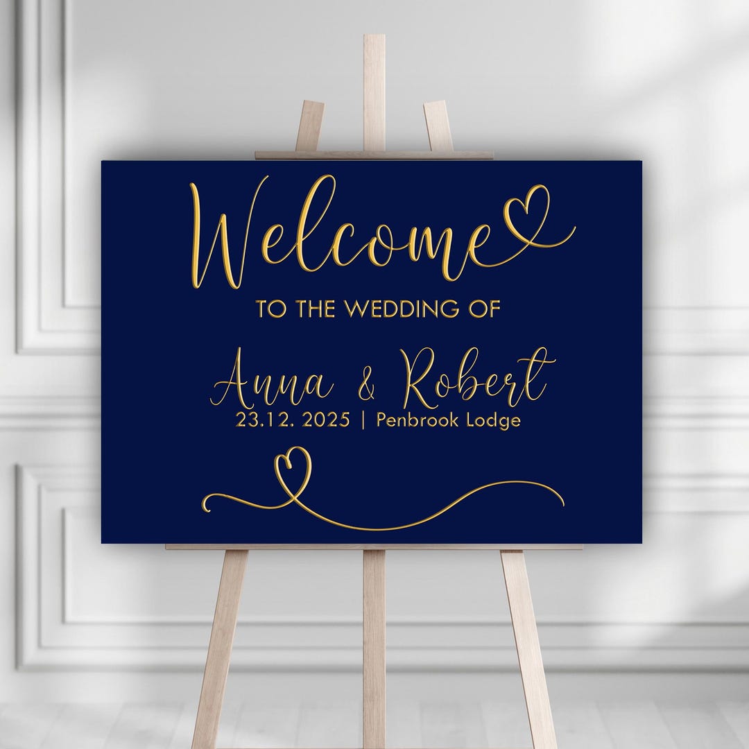 Personalised Gold and Navy Wedding Welcome Sign – Elegant Printed ...