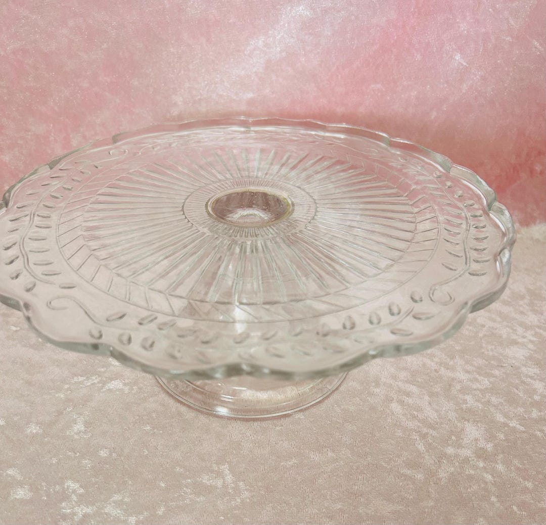 Vintage Clear Glass Cake Stand Plate Leaf Pattern Pedestal Cake Plate 8 ...