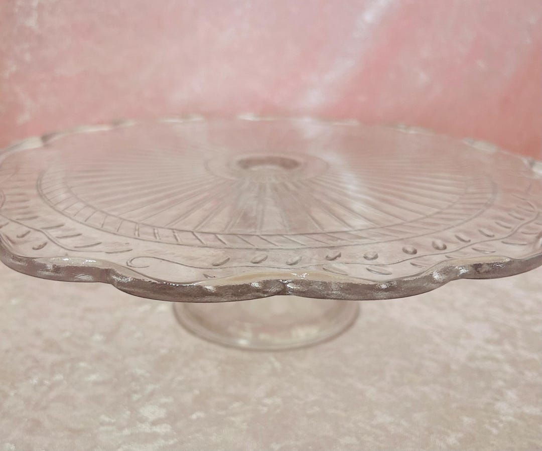 Vintage Clear Glass Cake Stand Plate Leaf Pattern Pedestal Cake Plate ...