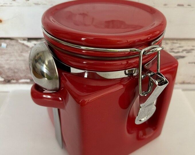 Vintage Airtight Red Ceramic Canister With Spoon Corner Jar - Etsy