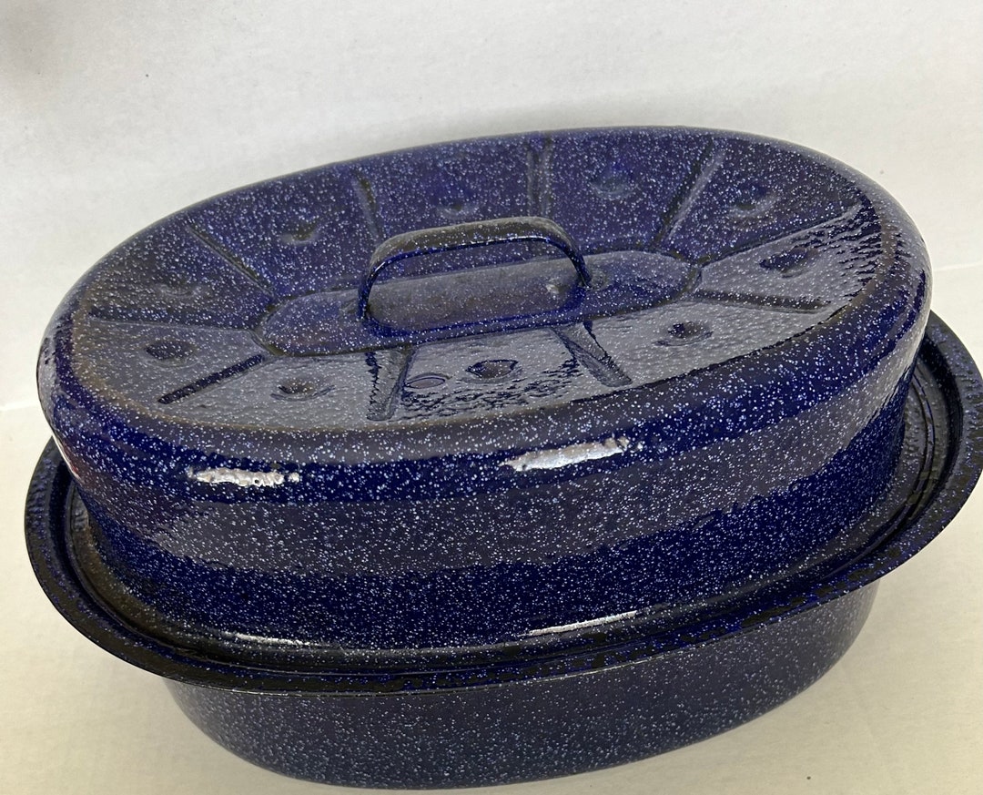 Large Speckled Cobalt Blue Roaster Handles Dutch Oven Enamelware ...