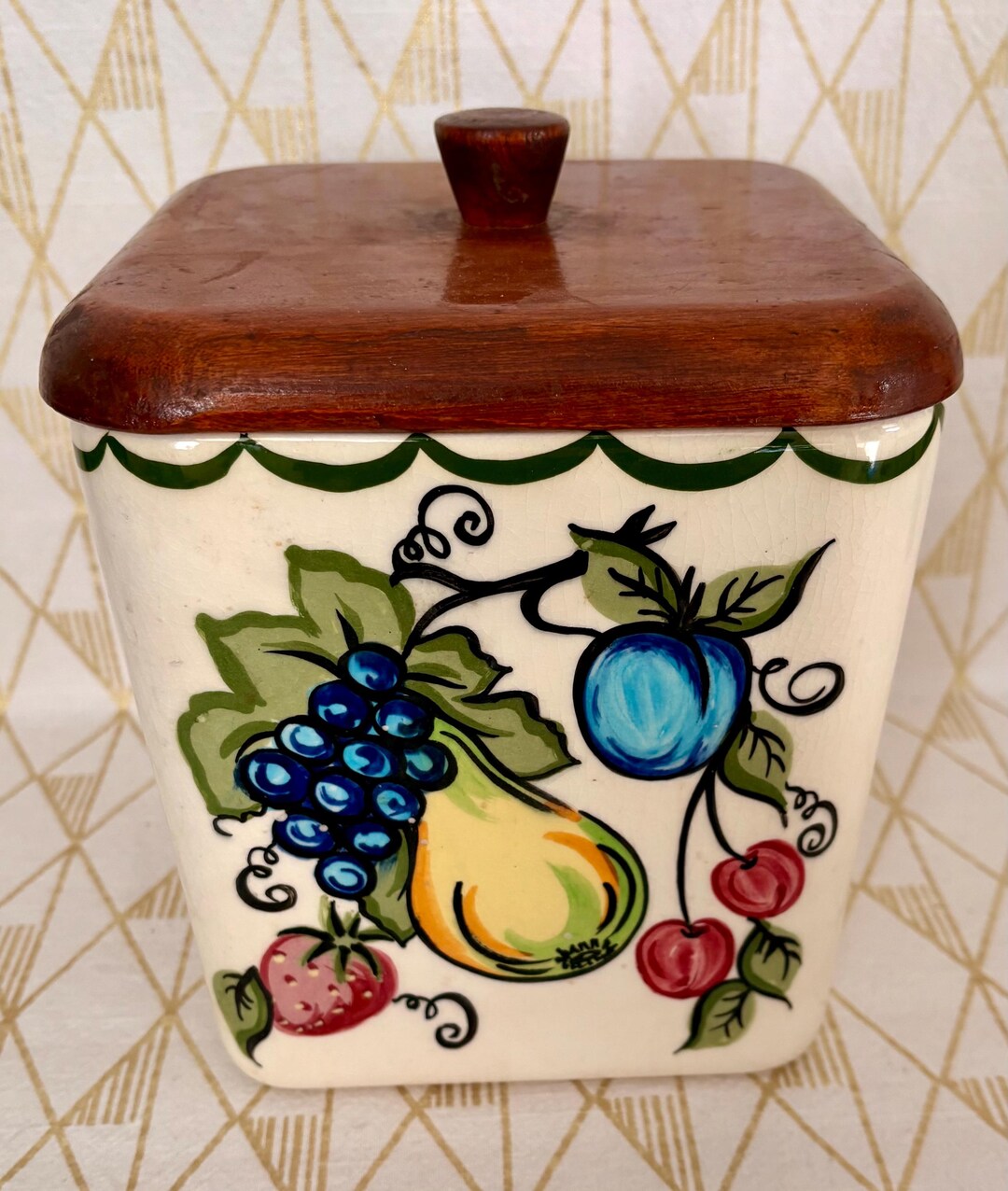 Vintage Italian Ceramic Canister With Fruit Motif With Wooden Lid - Etsy