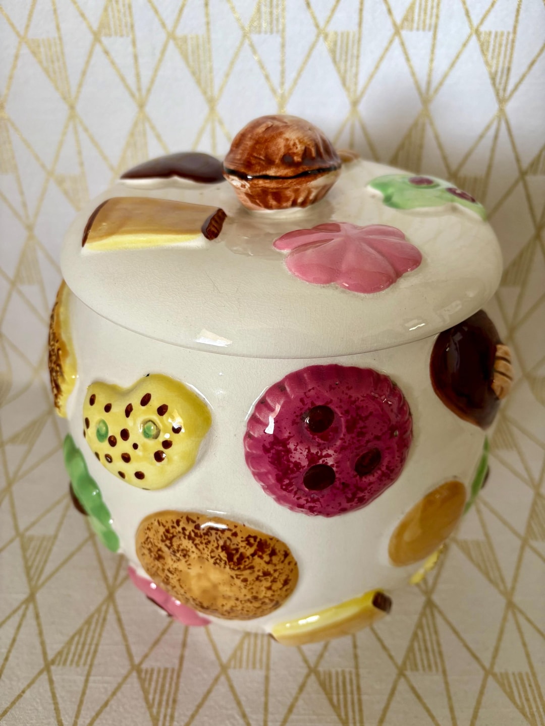Vintage 1950 Cookies All Over Cookie Jar Ceramics Japan Walnut Lid - Etsy