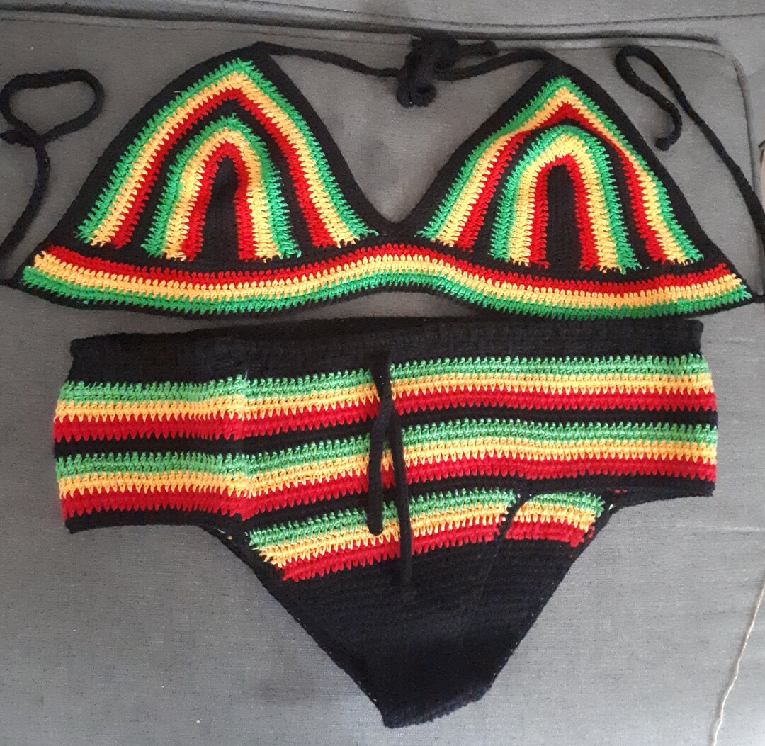 Crocheted Cotton Rasta Reggae Jamaica Bikini Striped 2 Piece Swimming ...