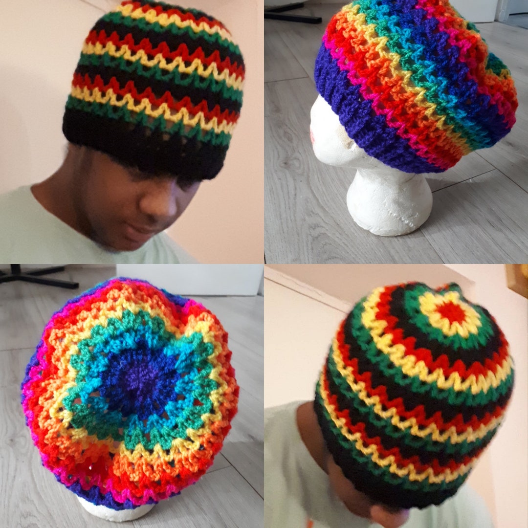 Crocheted Rasta Rainbow Wavy V Zag Stripe Beanie Hat Stretchy Tea Cosy ...