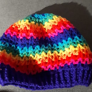 Crocheted Rasta Rainbow Wavy V Zag Stripe Beanie Hat Stretchy Tea Cosy ...