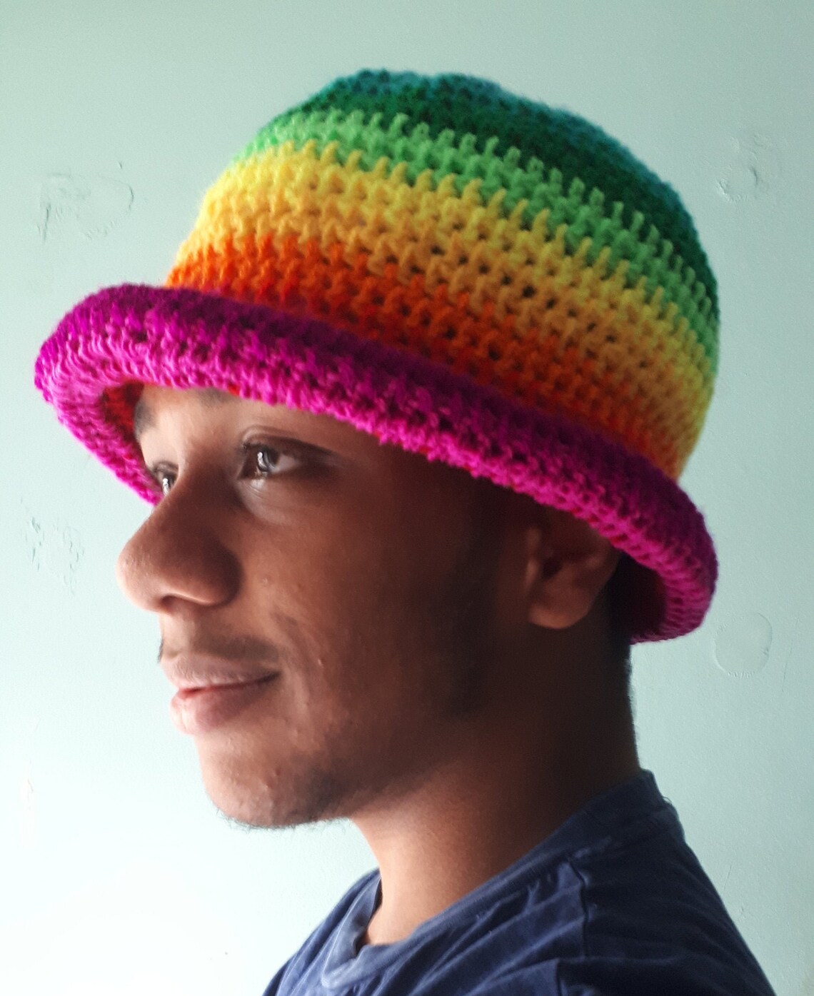 Crocheted Rainbow Bucket Hat Multi Coloured Striped Boho Hippy - Etsy