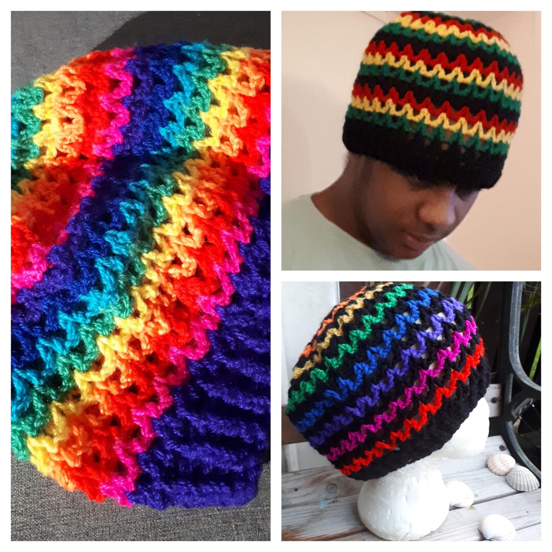 Crocheted Rasta Rainbow Wavy V Zag Stripe Beanie Hat Stretchy Tea Cosy ...