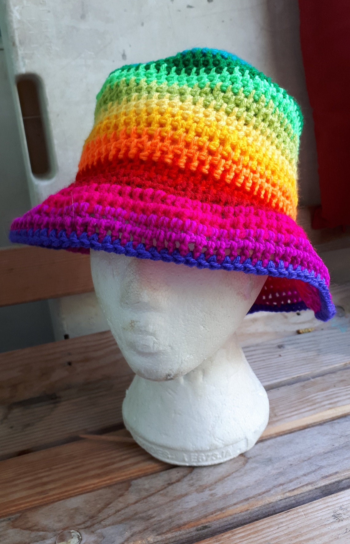 Crocheted Rainbow Bucket Hat Multi Coloured Striped Boho Hippy | Etsy