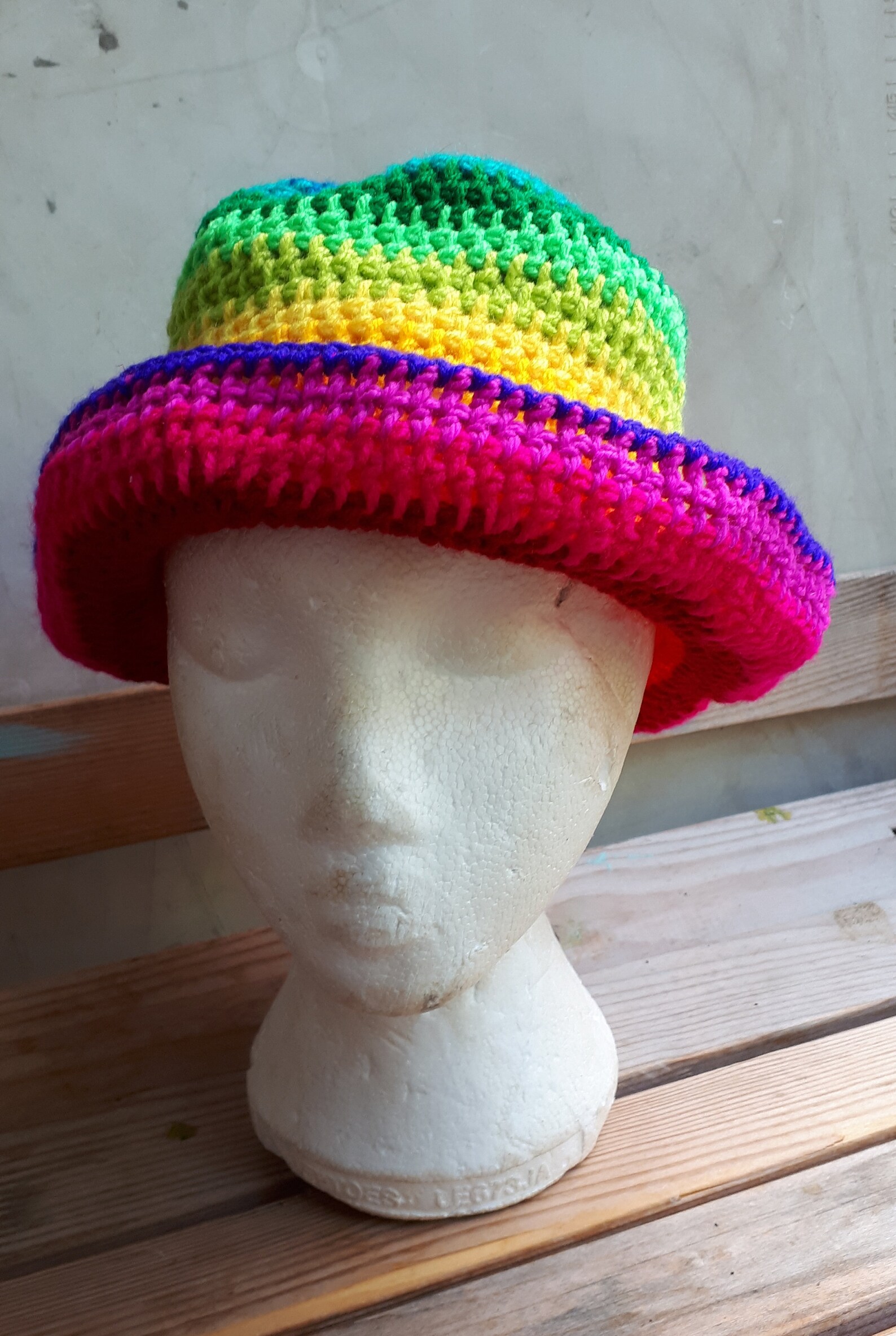 Crocheted Rainbow Bucket Hat Multi Coloured Striped Boho Hippy | Etsy