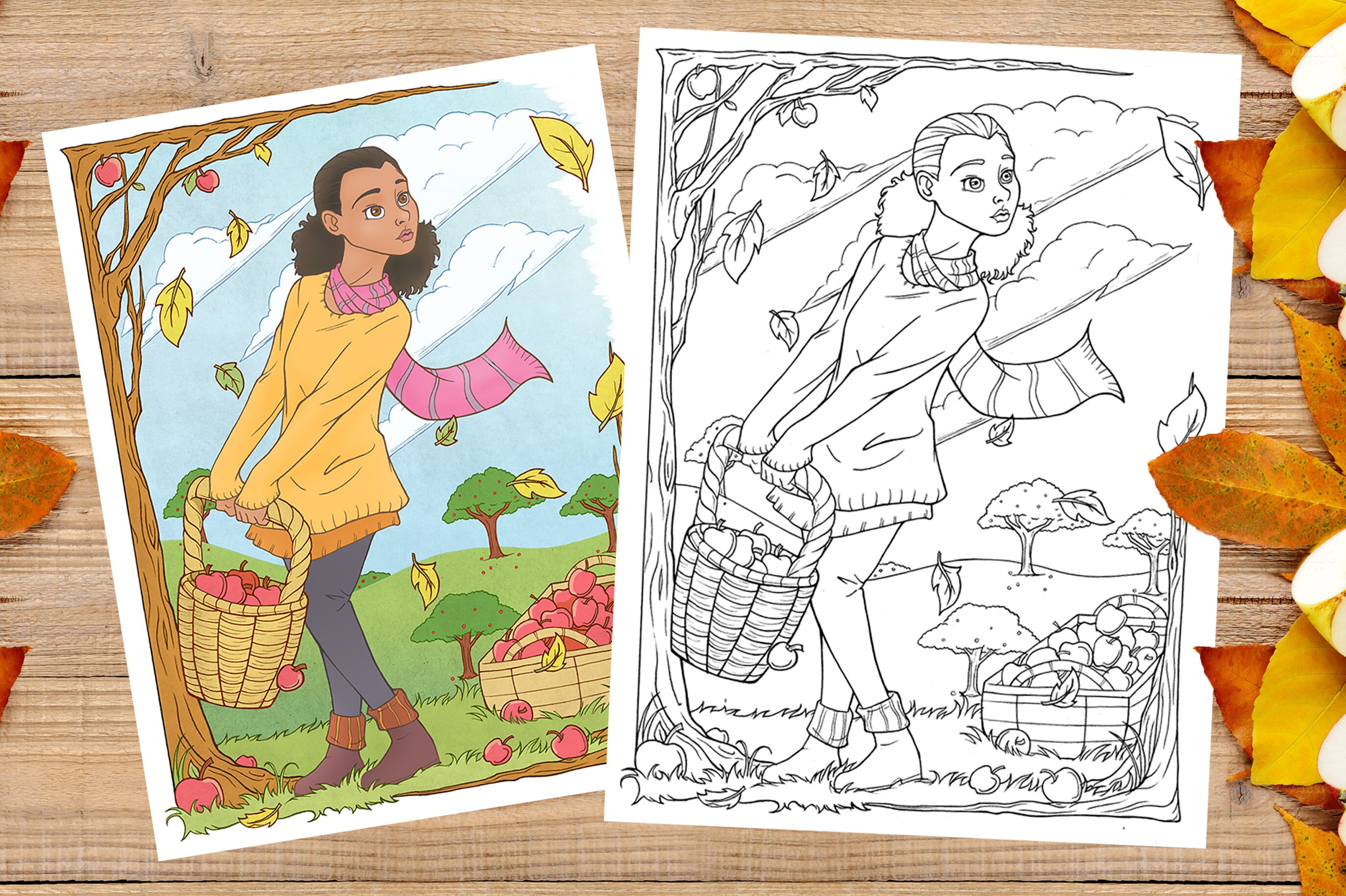 Apple Picking Harvest Scene, Fall Autumn Coloring Page for Kids and ...