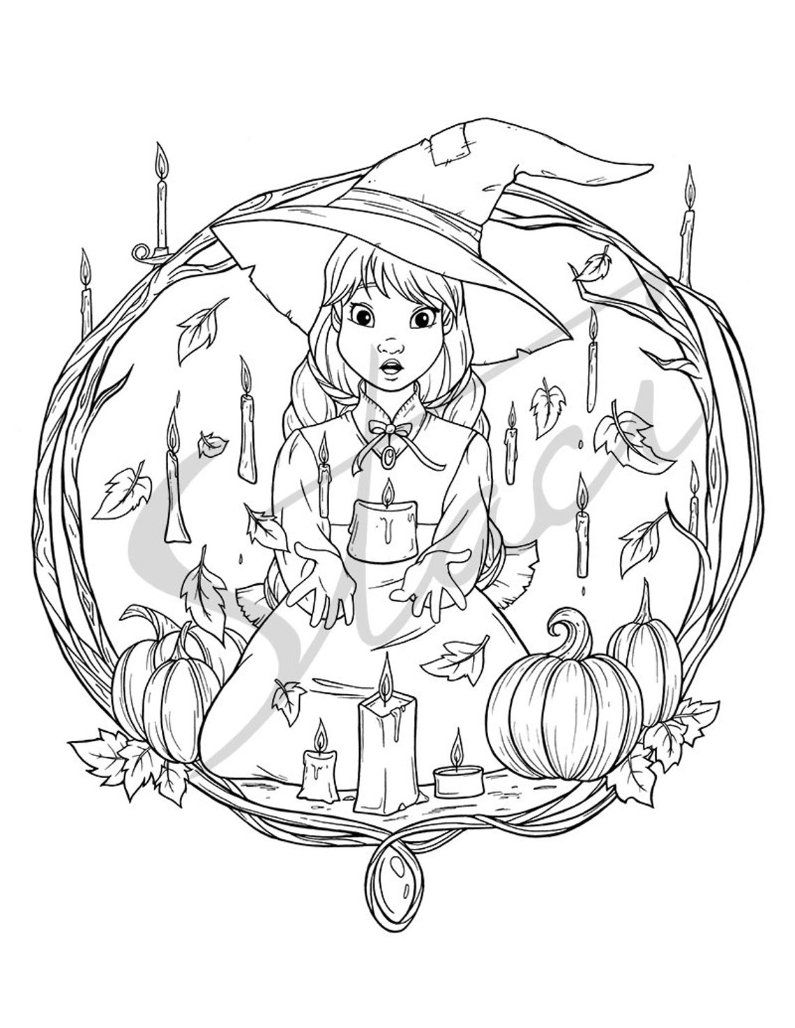 Little Witch With Pumpkins and Floating Candles, A Halloween Coloring ...