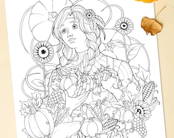 Harvest Girl Fall Autumn Thanksgiving Coloring Page - Etsy