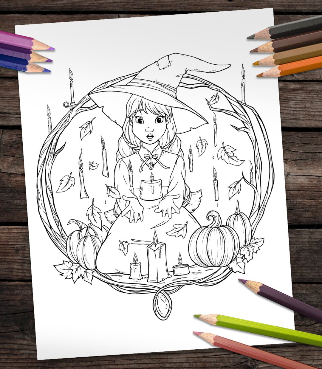 Little Witch With Pumpkins and Floating Candles, A Halloween Coloring ...