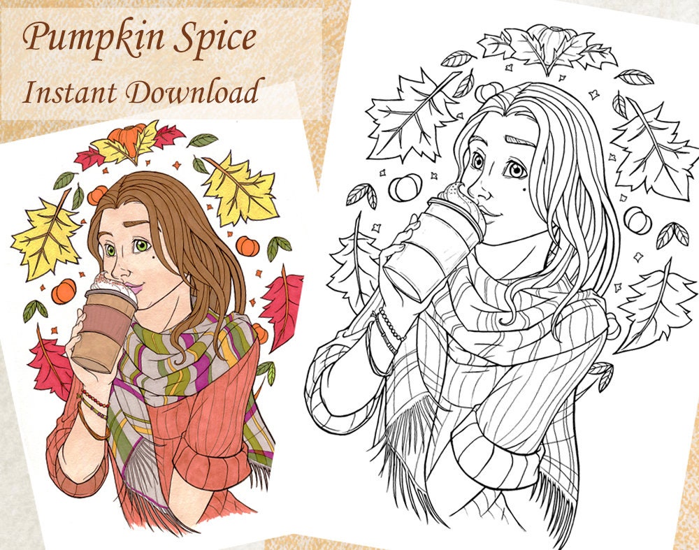 Pumpkin Spice Girl, Fall Autumn Coloring Page | Digital, Printable ...