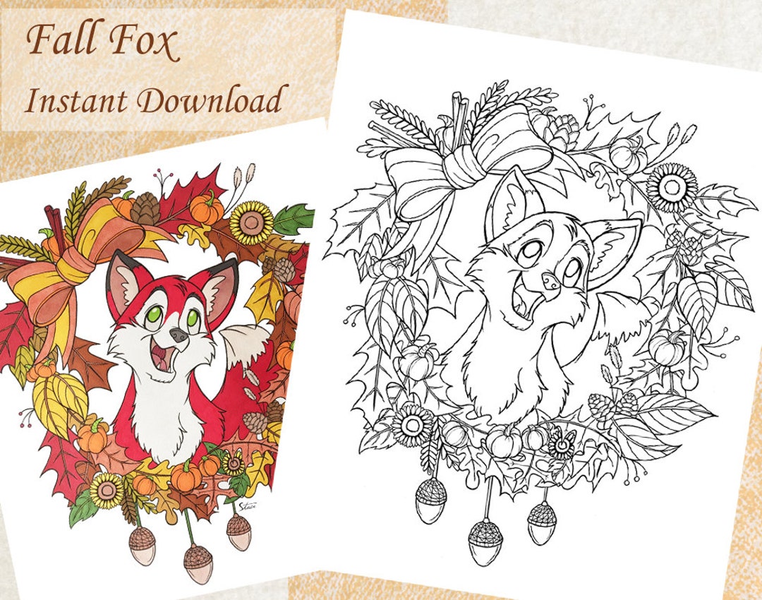 Fall Fox, Fall Autumn Thanksgiving Coloring Page for Kids and Adults ...