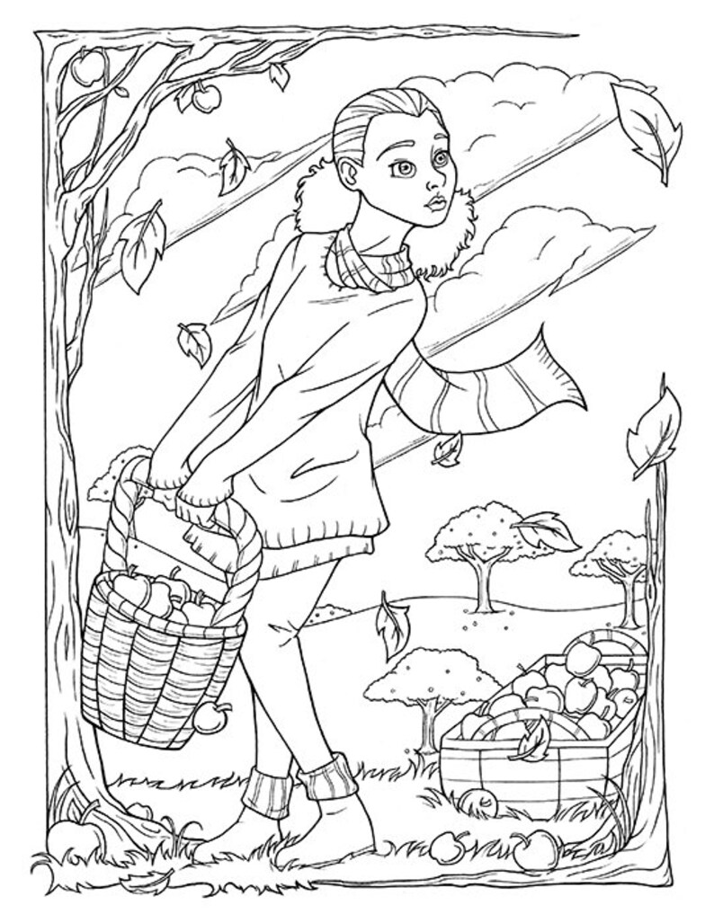 Apple Picking Harvest Scene, Fall Autumn Coloring Page for Kids and ...