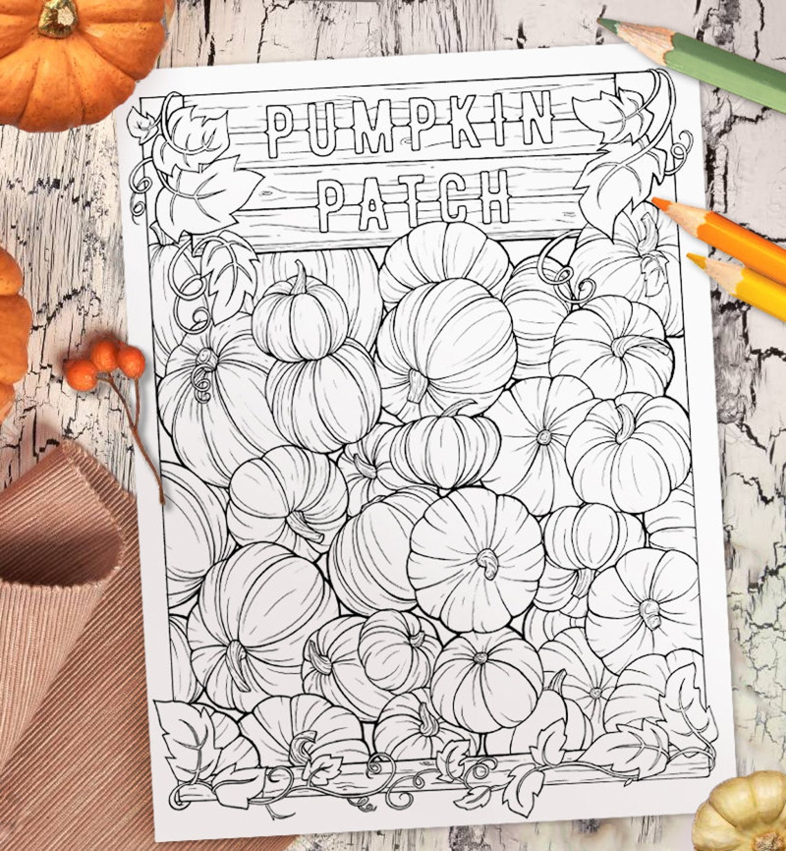 Pumpkin Patch II, Fall Autumn Coloring Page for Kids and Adults Digital ...
