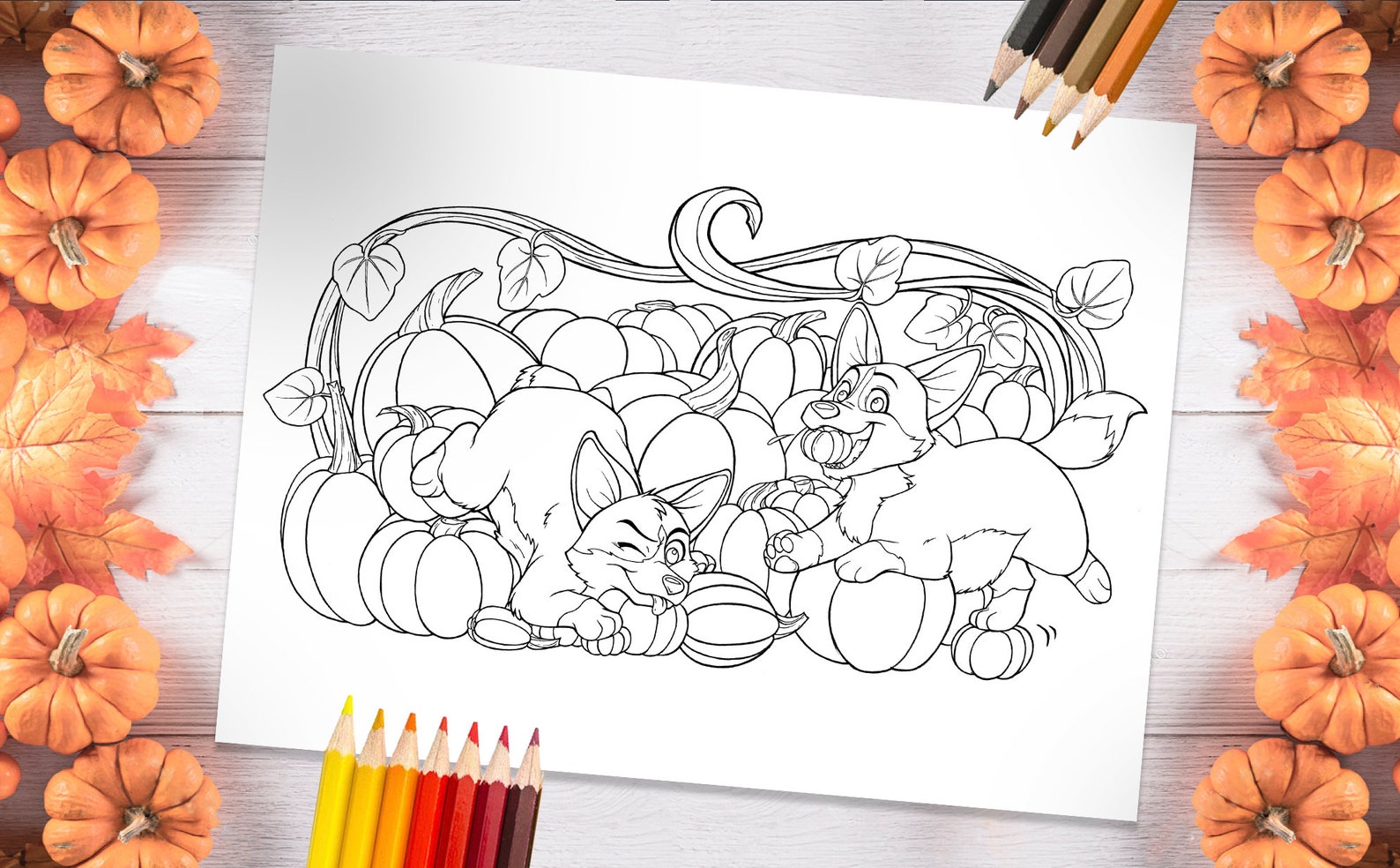 Pupkin Patch, A Fall Autumn Coloring Page With Corgi Puppies and ...