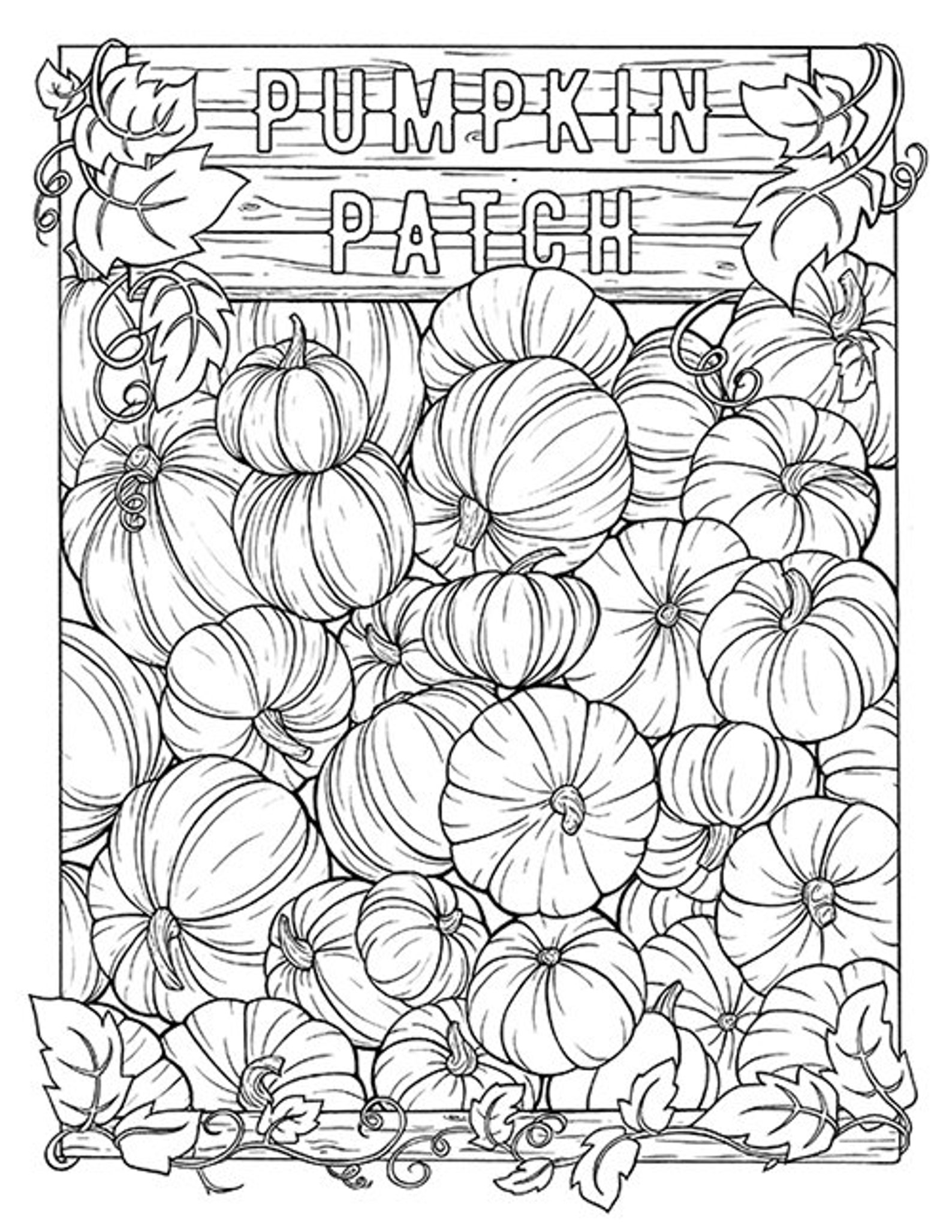 Pumpkin Patch II, Fall Autumn Coloring Page for Kids and Adults ...