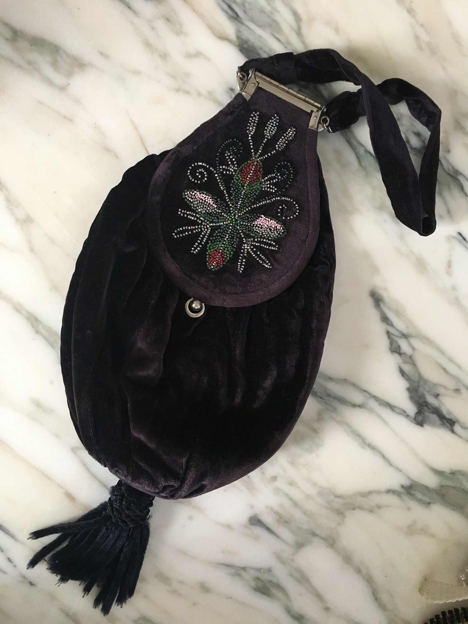 Victorian Velvet Bag Antique Beaded Bag Navy Silk Velvet - Etsy