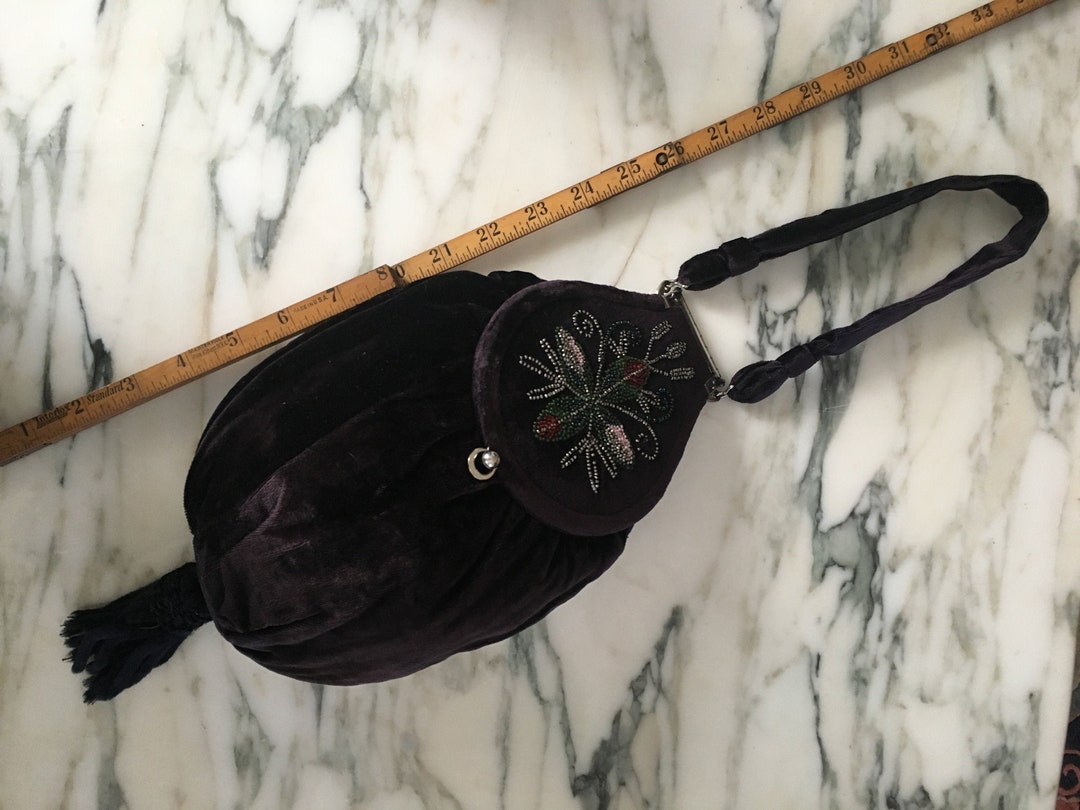 Victorian Velvet Bag, Antique Beaded Bag, Navy Silk Velvet Sack ...