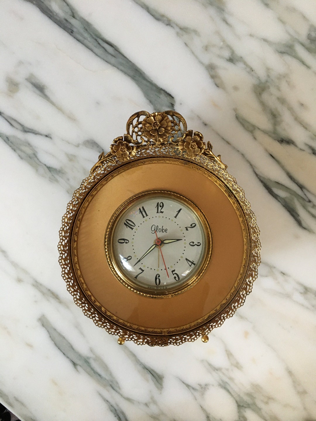Filigree Brass Clock, 1960's Retro Clock, Globe Clock, Midcentury ...