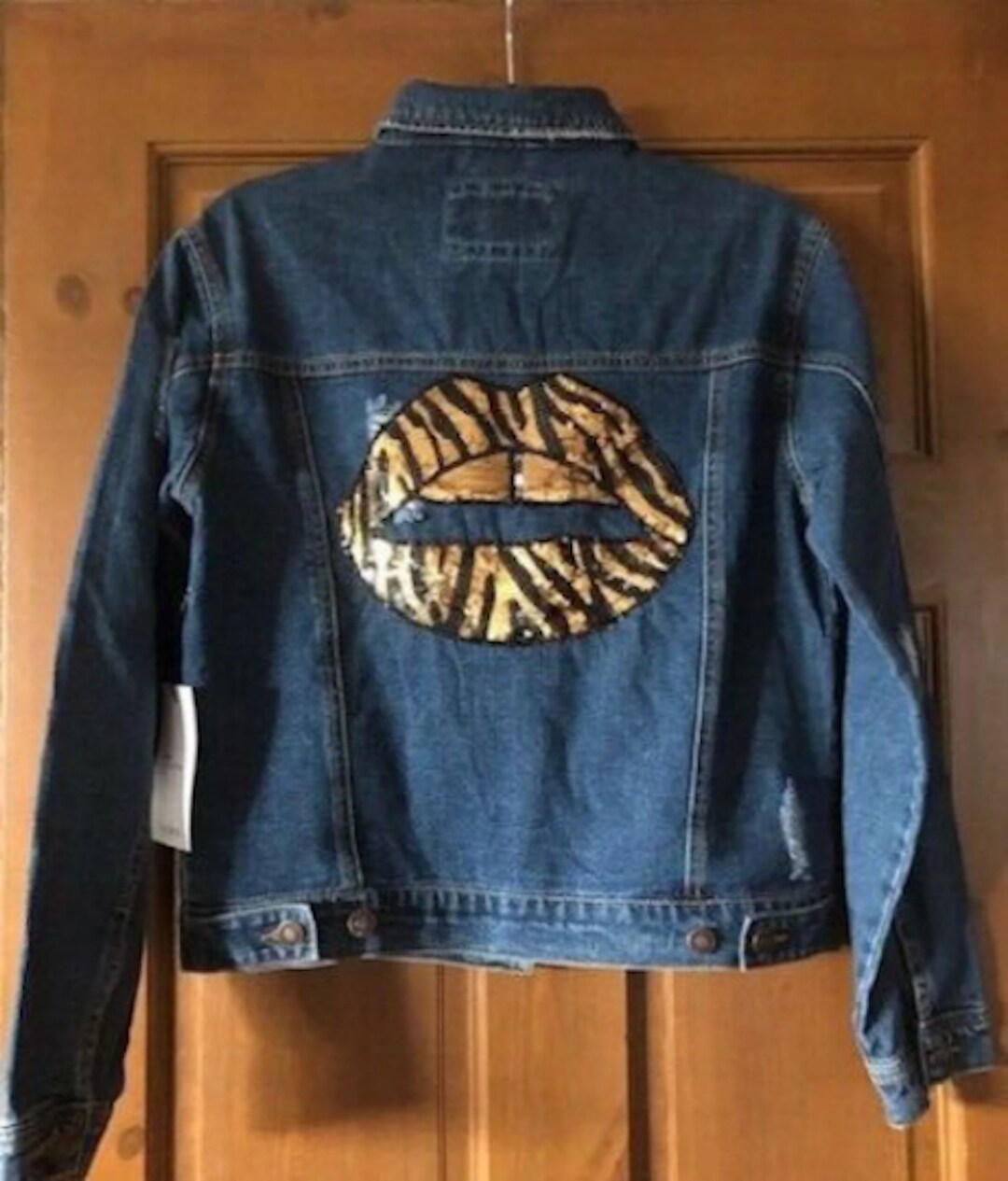 Embellished Repurposed Jean Jacket W/large Sequin Animal Print Lips Sz ...