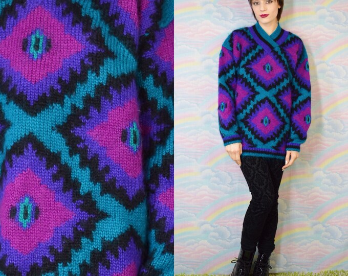 Ikat Sweater 80s Oversize Jumper Southwestern Psychedelic Soft Grunge ...