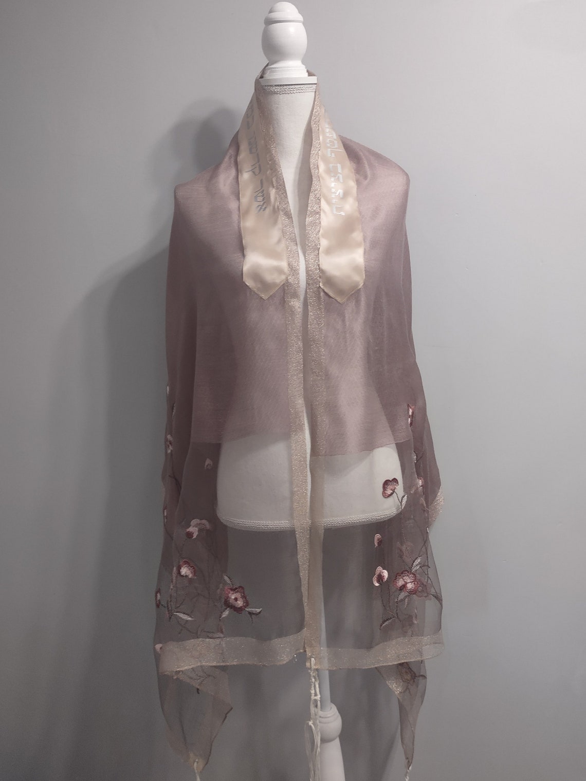 Tallit in Sheer Rose Gold With Embroidered Pink-purple Flowers - Etsy