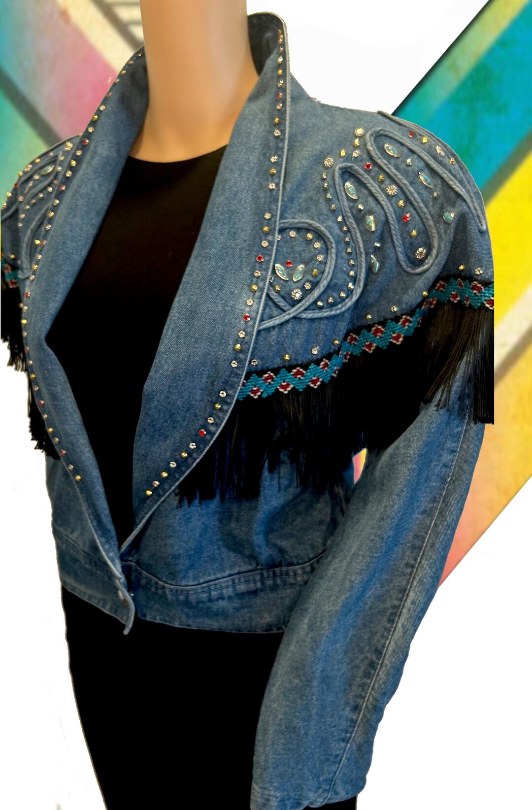 90's South Western Oversized Jeweled & Studded Fringe Denim Jacket by ...