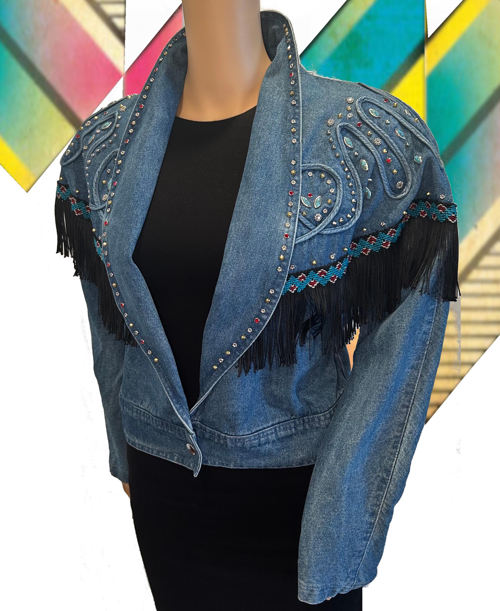 90's South Western Oversized Jeweled & Studded Fringe Denim Jacket by ...