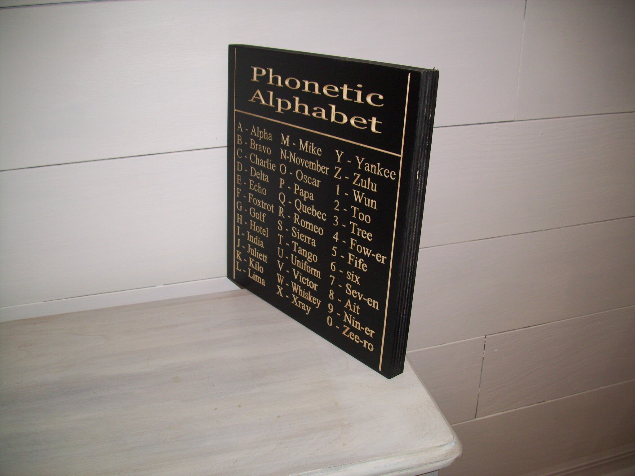 Phonetic Alphabet Sign Engraved Into 10 by 10 by 3/4 Select Pine Board ...