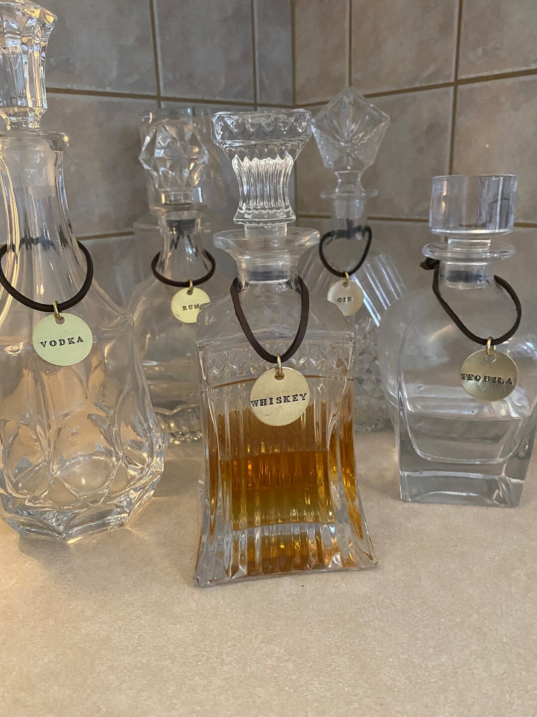 5 Pack of Liquor Decanter Tags Hand-stamped Brass Round Alcohol Labels ...