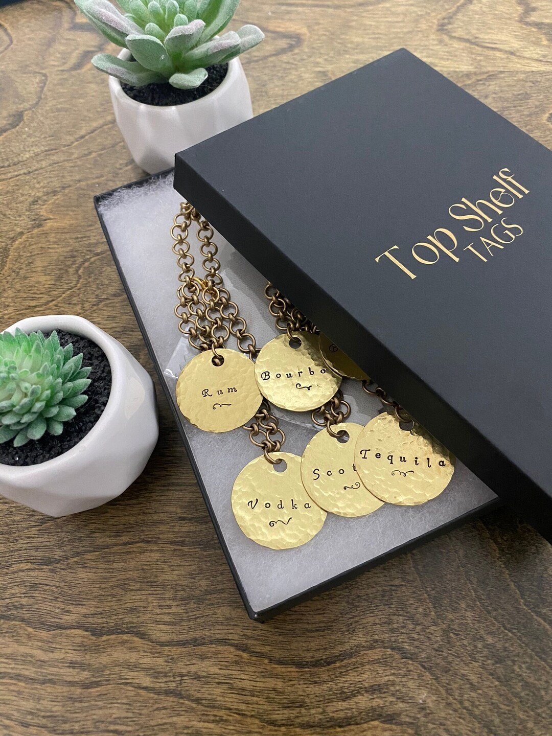 Liquor Decanter Tags | Full Set of 8 Hand-stamped Hammered Brass Round ...