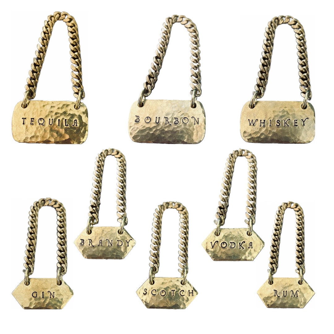 Liquor Decanter Labels Tags- Set of 8 Thick Heavy Hand-stamped Hammered ...